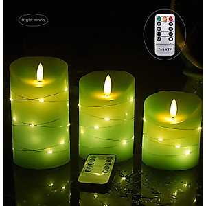 Green LED flameless Candle with Embedded Starlight String, 3 LED Candles, 10-Key Remote Control, 24-Hour Timer Function, Dancing Flame, Real Wax, Battery Powered. (Grass Green)