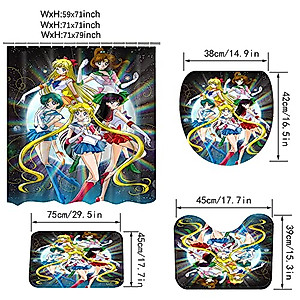 daweitianlong 4 Piece Anime Shower Curtain Set with Non-Slip Rug, Thickened Toilet Lid Cover and Bath Mat,Waterproof Anime Shower Curtain Sets for Bathroom With12 Hooks 59x71 inch, 2