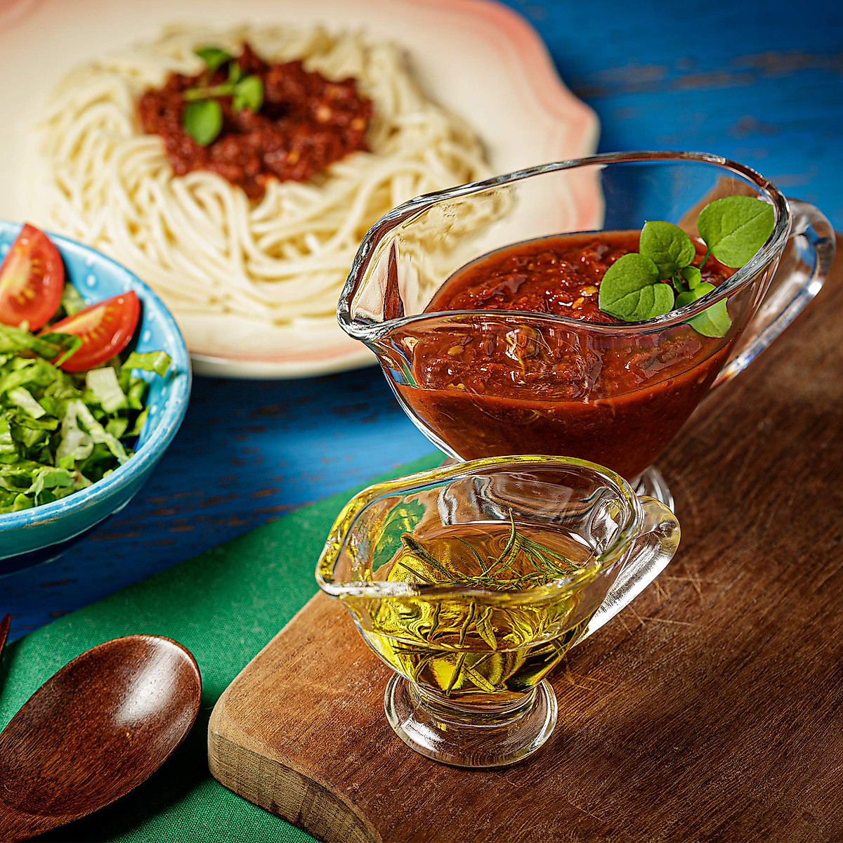 Crystalia Gravy Boat Saucer Set Clear Glass, Large and Small Condiment Appetizer Serving Bowl with Easy Grip Handle, Lead-Free Premium Clear Glass Set of 2