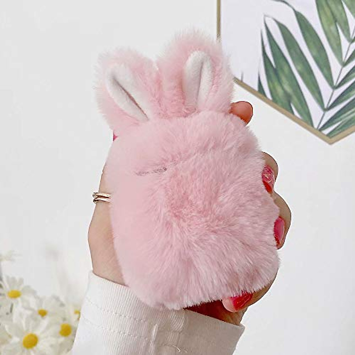 Case for Airpods 1 Case Airpods 2 Fluffy Rabbit Case Cover Plush Furry Fashion Cute Bunny Ear Faux Fur PC Protective Case Resistant Cover for Airpods 1st & 2nd Gen with Carabiner,Pink