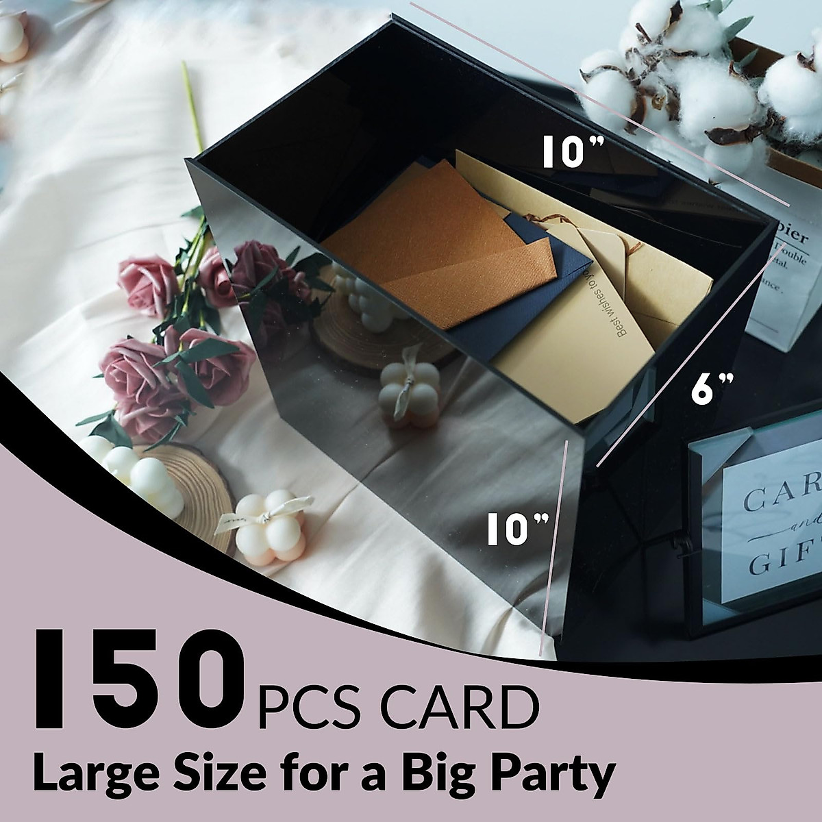 JupDec Wedding Card Box for Reception with Slot, 10" Large Black Acrylic Box DIY Card Storage Box for Gifts, Souvenirs, Donations, Card Box Holder for Baby Showers Birthday Party Graduations