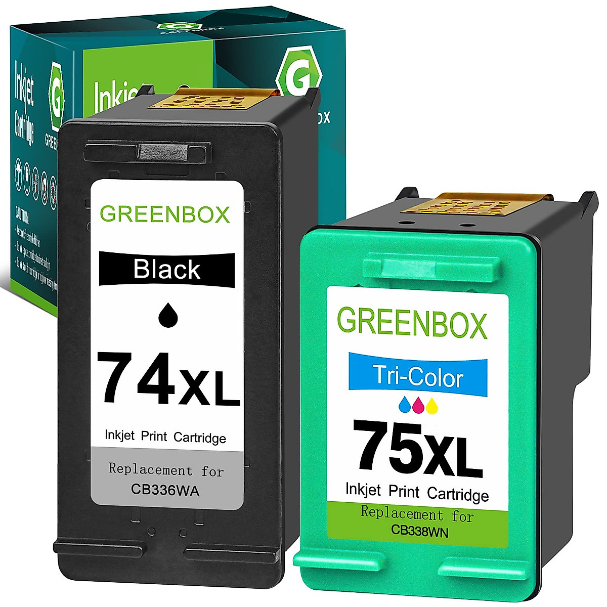 GREENBOX Remanufactured Ink Cartridge 74XL 75XL Replacement for HP 74XL 75XL High Yield CB336WN CB338WN for PhotoSmart C4480 D4280 D4260 C4440 J6480 C4280 C4580 Printer (1 Black 1 Tri-Color)