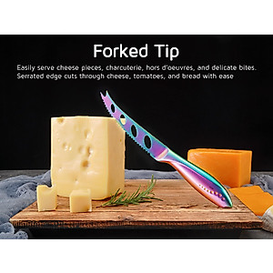 WELLSTAR Cheese Knife, Serrated Tomato Knife 5 Inch Sharp High Carbon Stainless Steel Blade for Cutting All Cheese Types - Rainbow
