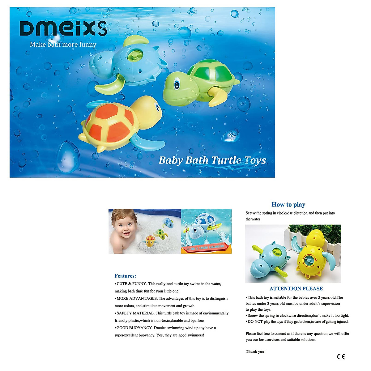 Dmeixs Cute Turtle Baby and Toddler Bath Wind Up Toys 3 Pack