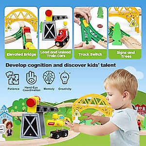 TOY Life Train Set 60pcs Wooden Train Set with Crane, Wooden Train Tracks Toy Train Set for Toddlers 2-4 3-5, Kids Toys for 3 Year Old Boys - Fits Thomas Brio Melisa Chugginton Train Track Set
