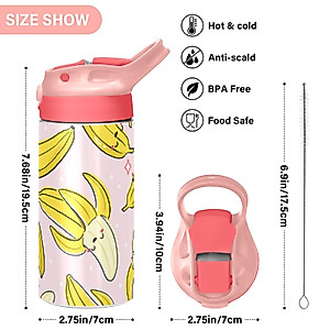 Kigai Cute Banana Pink Kids Water Bottle, Insulated Stainless Steel Water Bottles with Straw Lid, 12 oz BPA-Free Leakproof Duck Mouth Thermos for Boys Girls