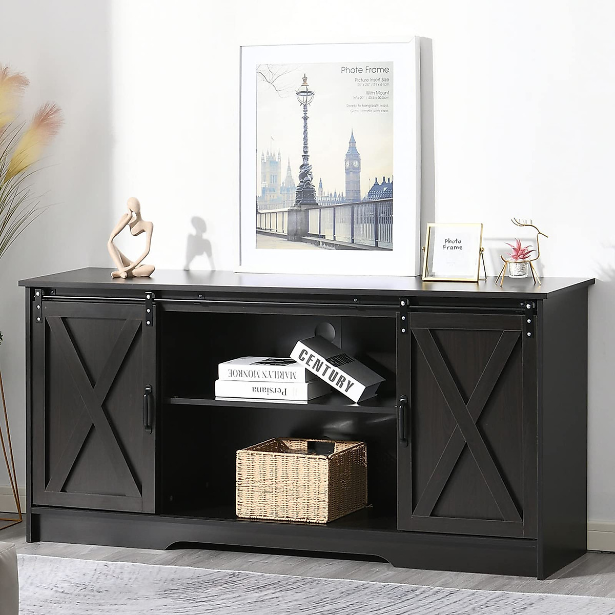 4 EVER WINNER Farmhouse TV Stand for 65+ Inch TV, Espresso Entertainment Center for 65 Inch TV, Modern Farmhouse Television Stands for TVs up to 70, Espresso TV Stand for Flat Screens 65