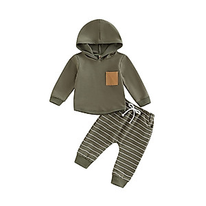 Baby Boy Clothes 3 6 9 12 18 24M 3T Pants Set Hooded Patchwork Hoodie Striped Sweatpants Fall Winter Outfit (C-Army Green, 6-12 Months)