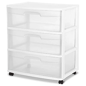 Sterilite 29308001 Wide 3 Drawer Cart, White Frame with Clear Drawers and Black Casters, 1-Pack