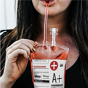 Blood Bag drinking. Set of 20 fake iv Blood Bags for Drinks, 11.5Oz, with Extra Syringe Set of 20 Labels and Clips. Drink pouches Halloween/Vampire/Zombie/Nurse Graduation/decorations Party suplies