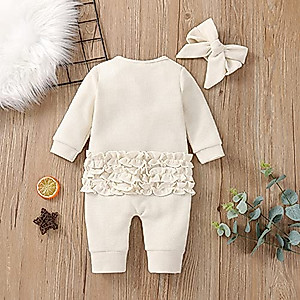 Newborn Baby Girl Ruffle Romper Knit Sweater Onesie Jumpsuit Long Sleeve Zipper Onesie Solid Fall Winter Outfits (A Waffle Knit Apricot,0-3 Months)