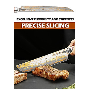 YOUSUNLONG Tanto Kitchen Knife - 8 Inch Japanese Handmade Chef Knife - Razor Sharp Copper Damascus Steel Blade - Cleaver Carving Knife - Naturel Burl Wooden Handle with Leather