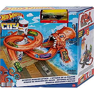 Hot Wheels Toy Car Track Set City Octopus Invasion Attack Playset, Octopus Launcher, 1:64 Scale Car