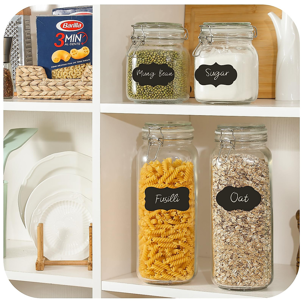 VITEVER [ Taller ] 92oz Glass Jars with Airtight Lid, Large Glass Food Storage Jars, 3 Pack Wide Mouth Airtight Glass Jars for Kitchen Pantry Spaghetti, Square Mason Jars with Labels