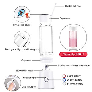 Taillansin 2019 Newest Portable Blender, USB Rechargeable, Food Grade Glass, 480ml Capacity, 6-Blade Stainless Steel Mixing, Easy Clean and Use