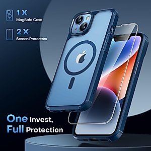 TAURI 3-in-1 Magnetic Designed for iPhone 13 for iPhone 14 Case, [Compatible with MagSafe] with 2 Screen Protector, Shockproof Phone Case for iPhone 13/14, Blue