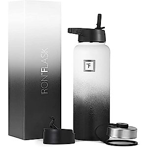 IRON °FLASK Sports Water Bottle - Wide Mouth with 3 Straw Lids - Stainless Steel Gym & Outdoor Bottles for Men, Women & Kids - Double Walled, Insulated Thermos, Metal Canteen - Day & Night, 40 Oz