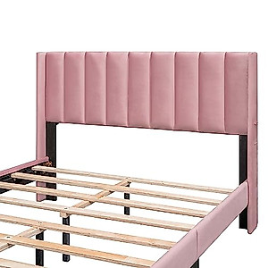 Queen Size Platform Bed Frame with Upholstered Headboard & Storage Drawer, Sturdy Wooden Slats Support / No Box Spring Required / Easy to Assembly for Bedroom Small Living Space Boys Girls Adults Room