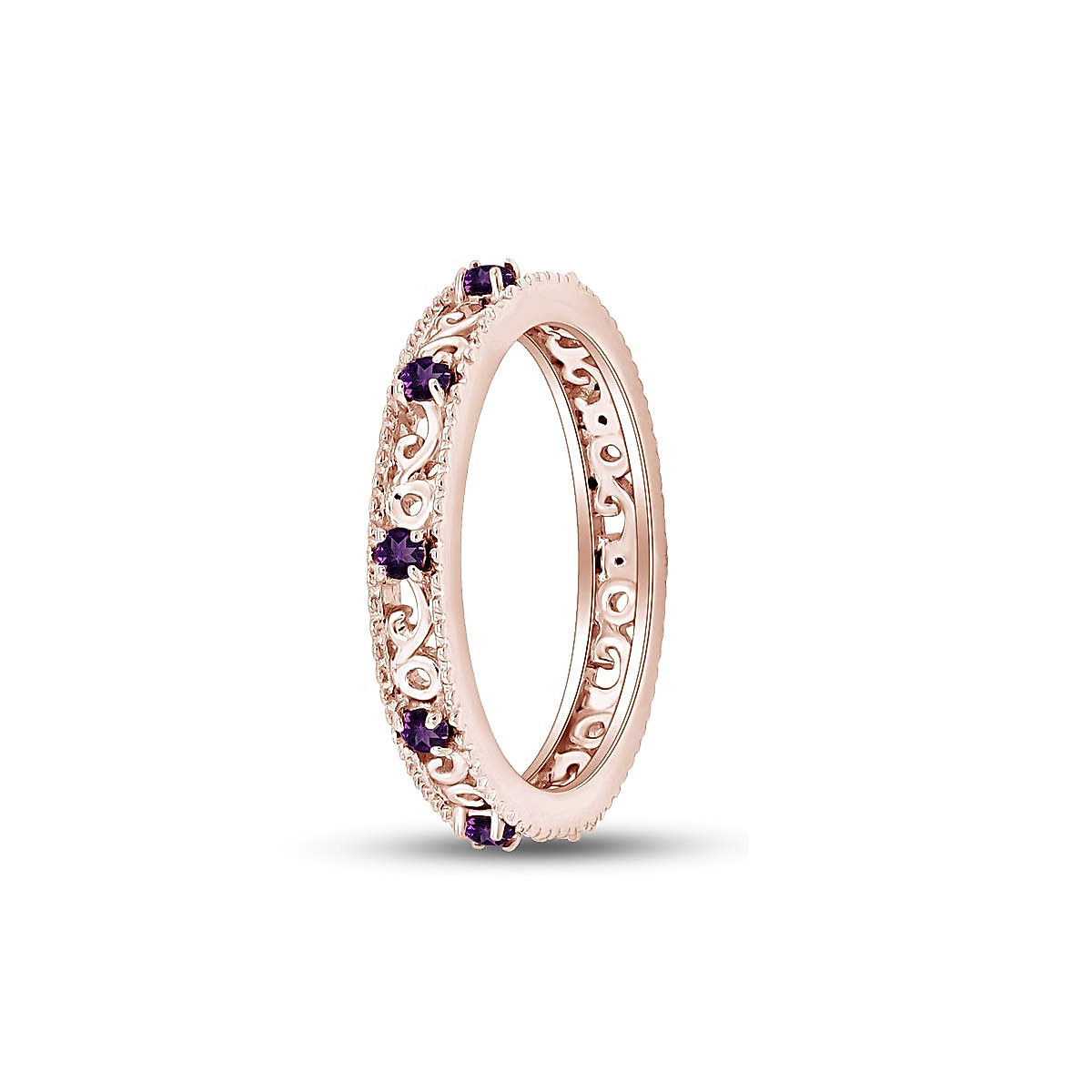 Jewel Zone US Round Cut Purple Simulated Amethyst Stackable Ring in 14K Rose Gold Over Sterling Silver
