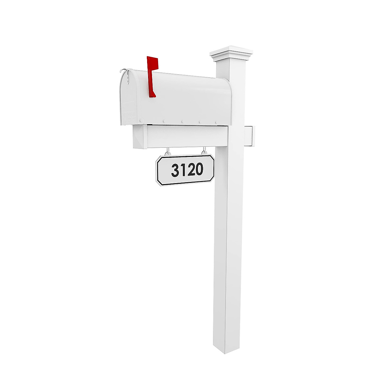 4Ever Products The Jackson Complete Mailbox System - Vinyl/PVC Post (includes Mailbox) Decorative Curbside Postal Solution with Classic Traditional Style and Hanging Address Plate (White Mailbox)