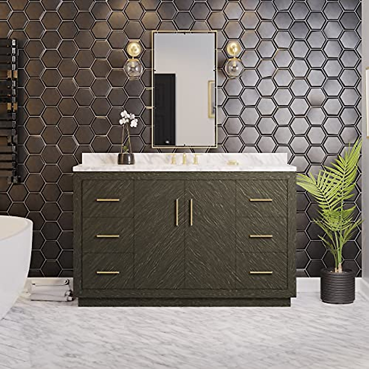Kitchen Bath Collection Peyton 60-inch Single Bathroom Vanity (Carrara/Dark Oak): Includes Dark Oak Cabinet with Stunning Carrara Marble Countertop and White Ceramic Sink