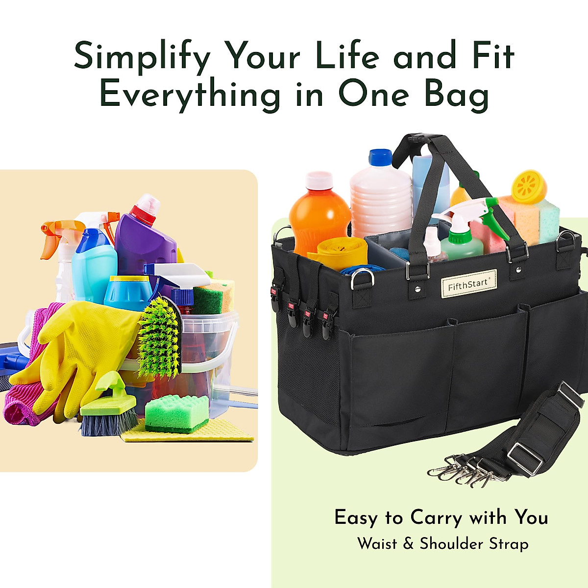 FifthStart Multiuse Cleaning Caddy with Waist & Shoulder Strap - Professional 9 Pockets Tote Bag for Housekeeping Diaper Gardening Fishing Beach Bathroom Organizer Adjustable Compartments, Black Large