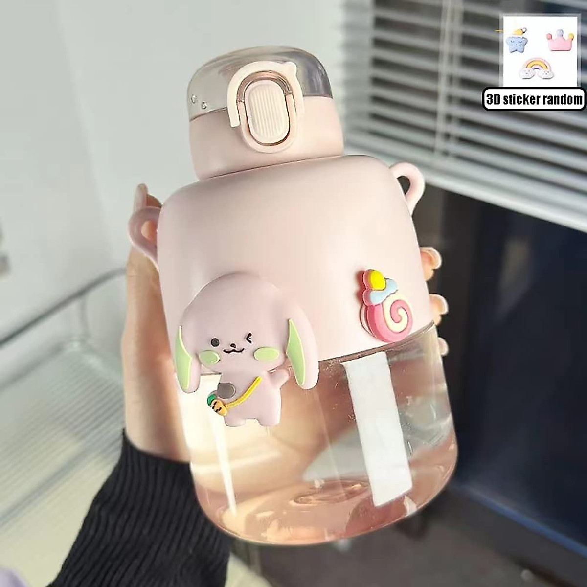 JZSMY 700ml Kawaii Straw Water Bottle, Cute Water Bottles with 3D Stickers, Milk Juice Cute Water Bottle Plastic Water Bottles with Portable Rope For Outdoor Travel (Pink)