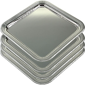 Maro Megastore (Pack of 4) 15.3 inch Square Chrome Plated Mirror Silver Serving Tray Stylish Floral Engraved Edge Decorative Party Wedding Dessert Buffet Wine Platter Plate Gift Base Dish CC-1199