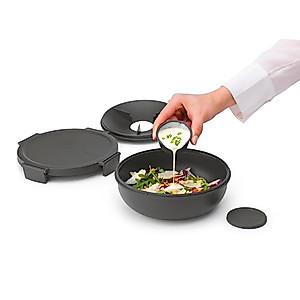 Brabantia Make & Take Salad Bowl with Removable Tray for Toppings & Dressings (Dark Gray) 100% Leakproof, Microwave & Freezer Safe Meal Prep Container