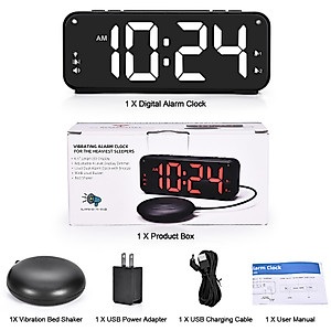 SZELAM Alarm Clock for Heavy Sleepers Adults,with Vibration Bed Shaker,2 Alarms,4 Levels Brightness,6.5" LED Digital Desk Clocks for Hearing Impaired Deaf Teens Bedroom (Black-White)