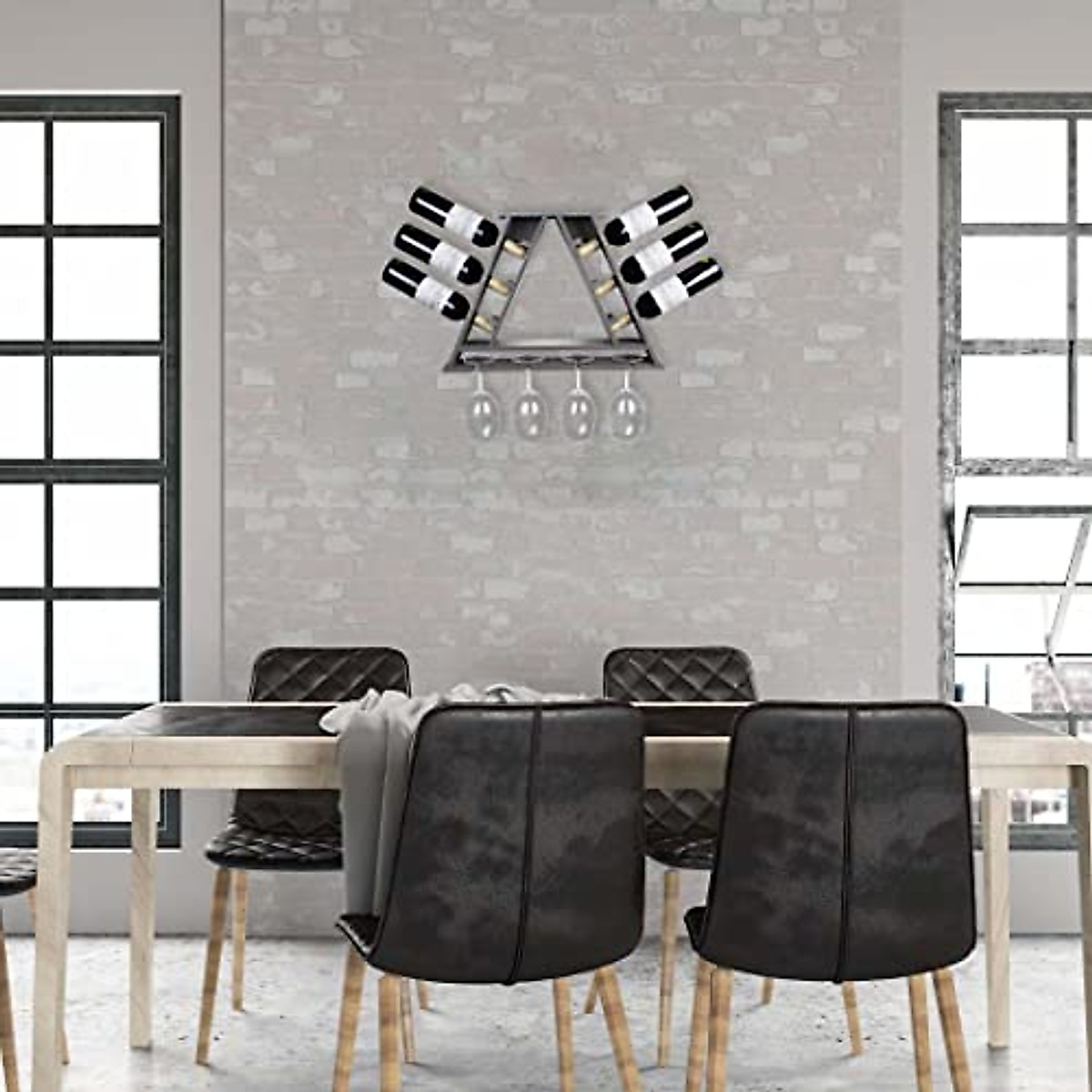 Charmont Wooden Rustic Wine Rack - Floating Triangle Wall Mounted Wine & Glass Holder - Perfect Wall Home Decor Bar, Kitchen Storage, Dining Room, Wedding Gift (Grey Holds 6 Bottles & 4 Stemware Cups)