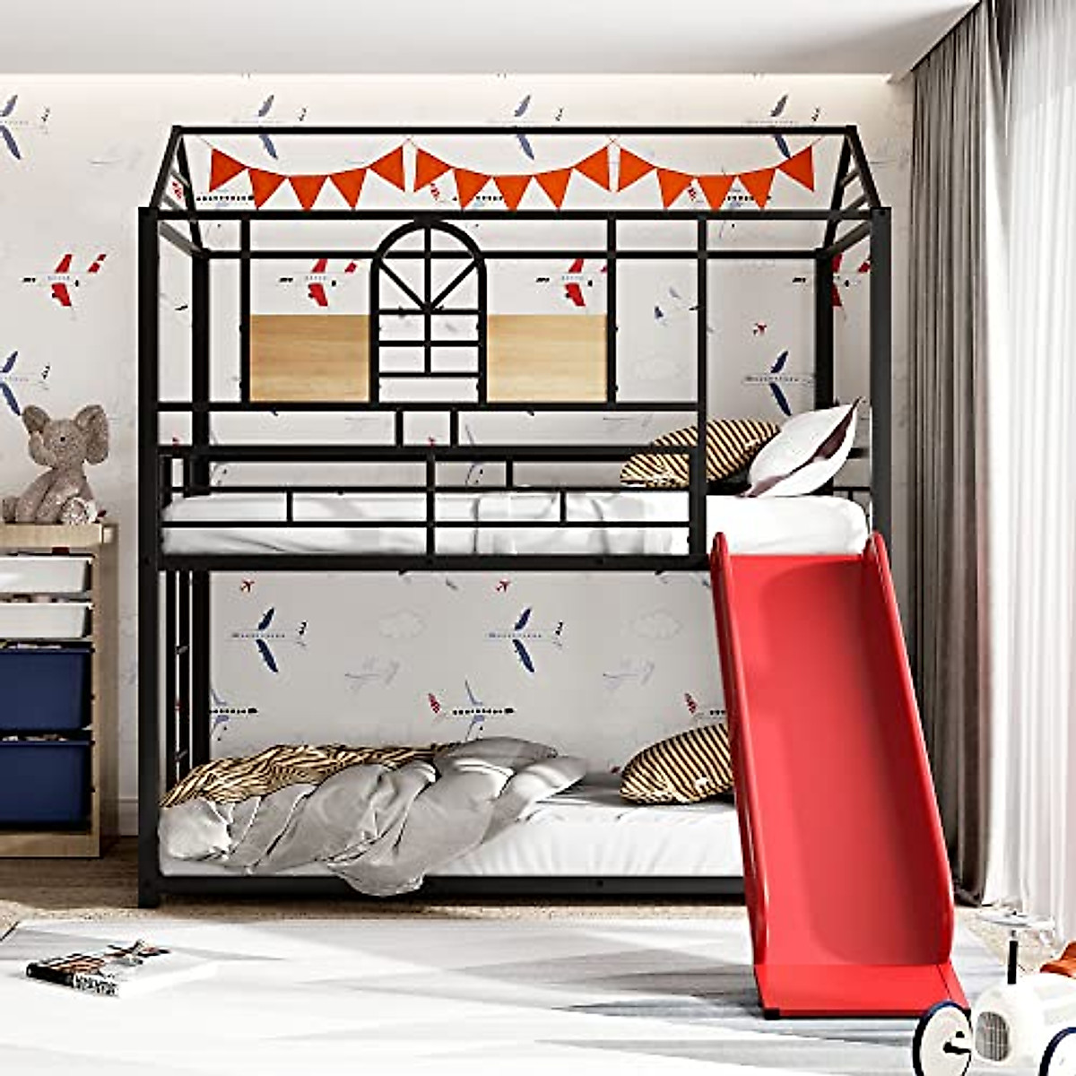 Tidyard Twin Over Twin Metal Bunk Bed,Metal Housebed with Slide,Three Colors Available.(Black with Red Slide) for Bedroom Dorm Guest Room Home Furniture