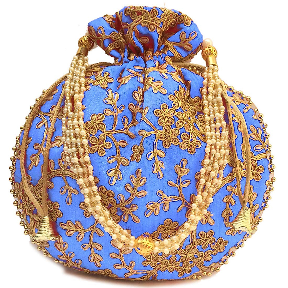 Potli Bag for Women Purse Clutch Pearls Handle Embroidered Silk Batwa With Intricate Gold Thread & Sequin (H*L:9 * 9.5(Inch),(23x24(CM),(Handle Dm:- H*L(cm) 20 * 14) (Sky Blue)