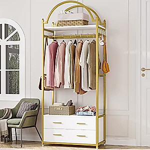 LITTLE TREE Tall Clothes Rack Shelves with Shelves Drawers and Hooks, Modern Arced Closet Organizer Heavy Duty Garment Clothing Freestanding Wardrobe Storage Shelving with Hanging Rod, White Gold