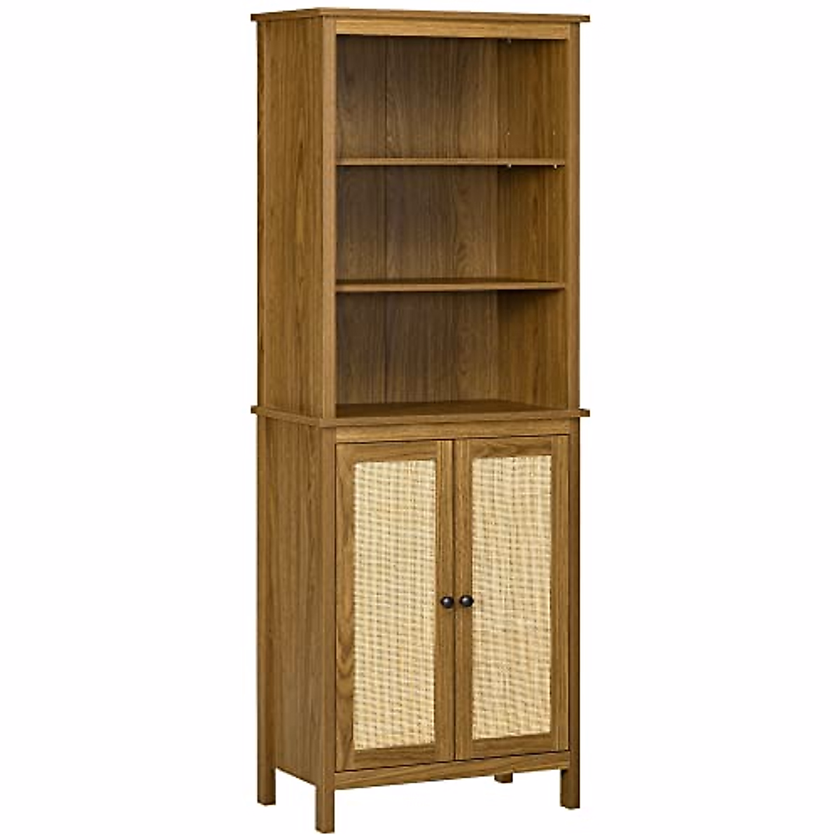HOMCOM Rustic Bookshelf with Cabinet & Rattan, Tall Bookshelf Library, Wooden Bookcase with Doors and Shelves, Study Living Room Home Office, Walnut