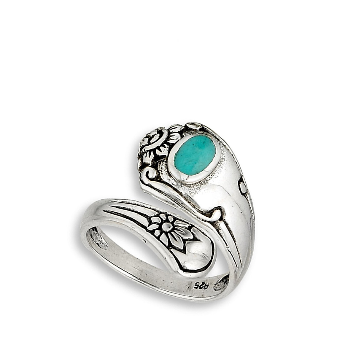 Open Simulated Turquoise Unique Vintage Spoon Ring Sterling Silver Thumb Band Size 8