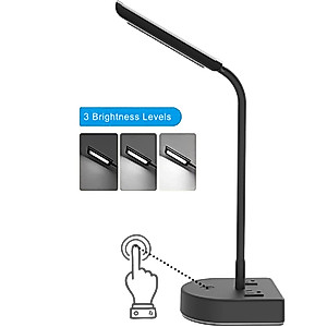 JICISSX Adjustable Gooseneck LED Desk Lamp with 2 USB Charging Ports and Touch Control,Architect Lamp for Home/Office/Workbench/Reading Working Black