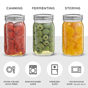 16 Oz Mason Jars With Lids, Labels and Measures! 6-Pack Regular Mouth Mason Jars, Glass Jar with Lid and Band. Airtight Canning Jars, Overnight Oats Jars, Salad Jars, Sourdough Starter Jar