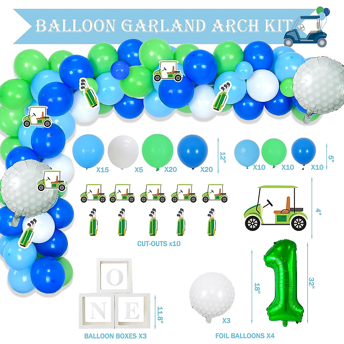 129 PCs Hole In One First Birthday Decorations, Fiesec Golf 1st Party Decorations Backdrop Balloon Garland Banner Tablecloth Cake Cupcake Topper Box Cutout Crown Poster Golf Club Ball Green Blue