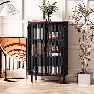 Aisurun 28.35" Modern Storage Cabinet Sideboard with 2 Glass Doors, Fir Top & 3 Storage Shelves for Entryway Living Room Home Office Dining Room, Black+Brown