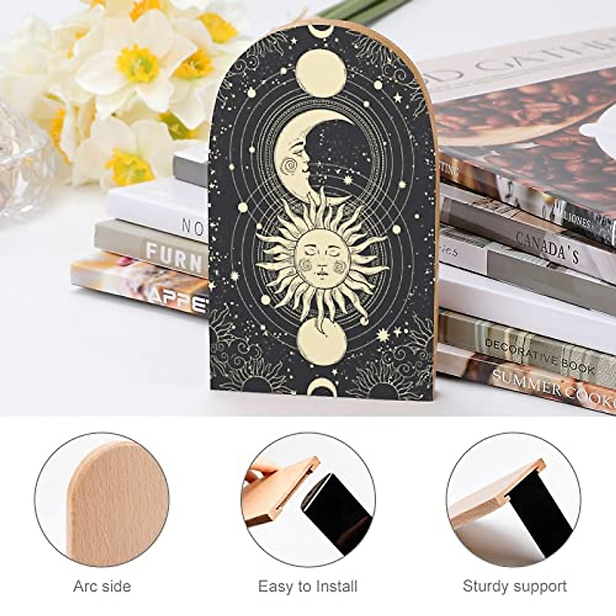 NFGSE Book Ends, Mystical Sun Face Moon Crescent Magic 2 Pcs 5 X 3 Inch Modern Home Decorative Bookends for Shelves, Fashion Design Wood Book Stopper for Heavy Books Office School Home Kitchen Planets