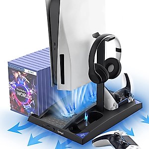 Goluodck PS5 Stand with Suction Cooling Fan and Dual Controller Charger Station for Playstation 5 PS5 Console, Suction Cooler Fan with Charging Dock Station and 12 Games Storage