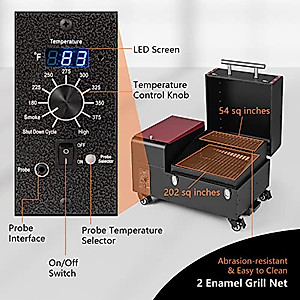 Giantex Portable Pellet Grill Smoker with 2-Tier Grills, 4 Lockable Casters, Auto-feed System, Temp 150°F to 450°F, Meat Probe, Outdoor Tabletop Wood Pellet Grill for BBQ Camping RV Cooking