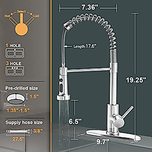 FLOTECH Brushed Nickel Kitchen Faucets with Pull Down Sprayer,Commercial Single Handle Pull Out Stainless Steel Spring Kitchen Sink Faucet with Deck Plate to Cover 1 or 3 holes for Farmhouse Bar Sinks