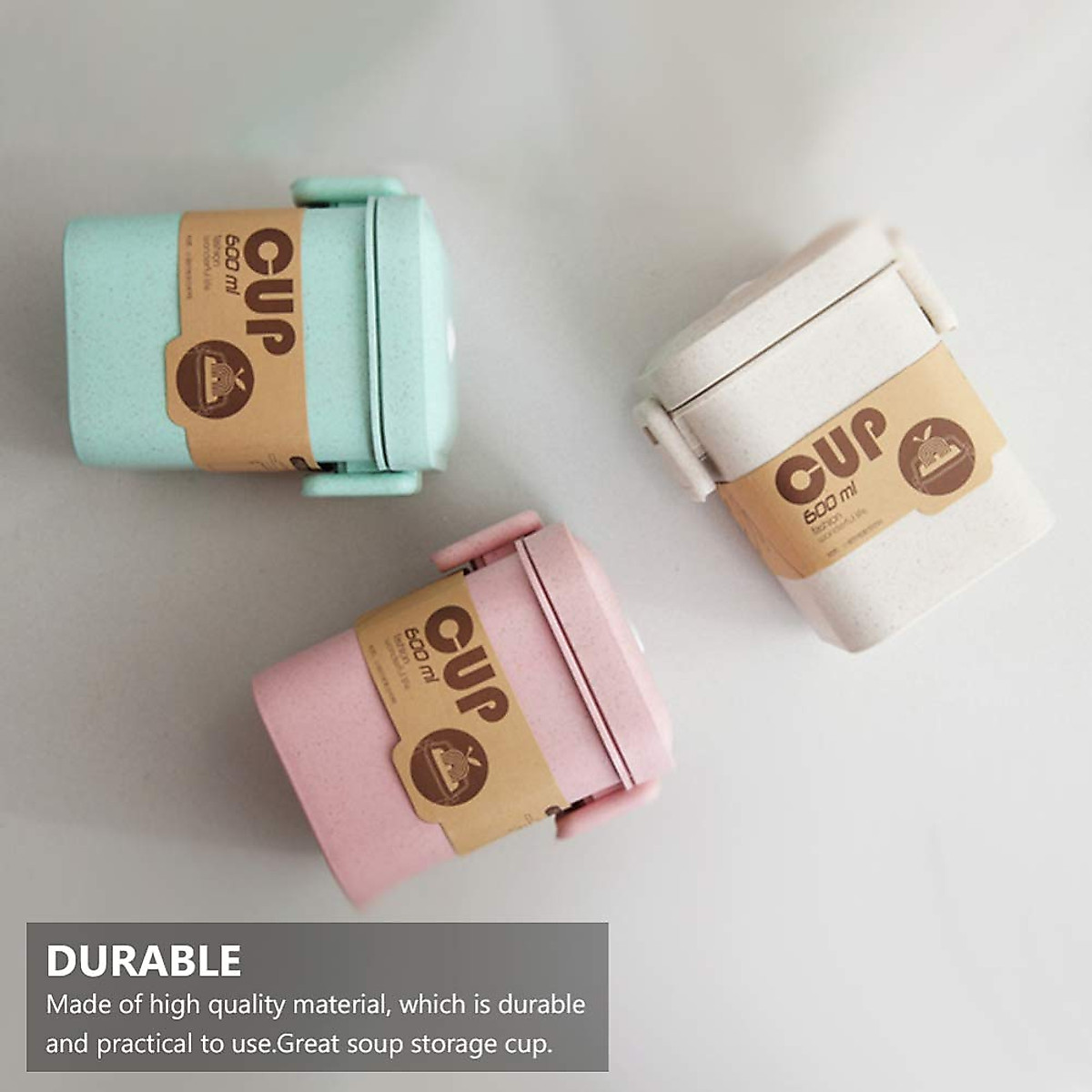 YARDWE Microwave Breakfast Cup Sealed Insulated Food Jar: Microwave Soup Mug with Lid 600ml Pink Square Wheat Straw Cereal Cup with Cover Spill Proof Soup Travel Container