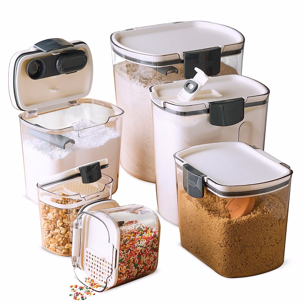 Progressive Prepworks ProKeeper 6 Piece Kitchen Clear Plastic Airtight Food Flour And Sugar Storage Organization Container Baking Canister Set, White