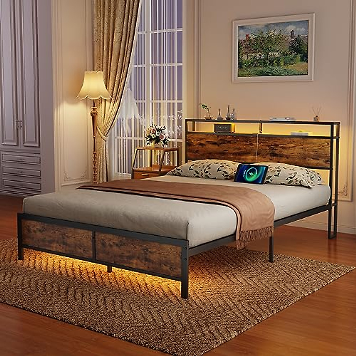 SYING88 Modern Bed Frame with LED Lights and 2 USB Ports Industrial Style,Bed Frame with Headboard/Noise-Free/No Box Spring Required for Bedrooms and Small Apartment(Antique Brown (Queen)