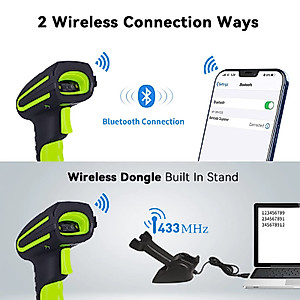 Alacrity Upgraded 2D Industrial Barcode Scanner with Wireless Charging Stand, 1968 Feet Transmission Distance 433Mhz Wireless & Bluetooth 2in1 Barcode Reader, Shock Dust Proof Hands Free, Green