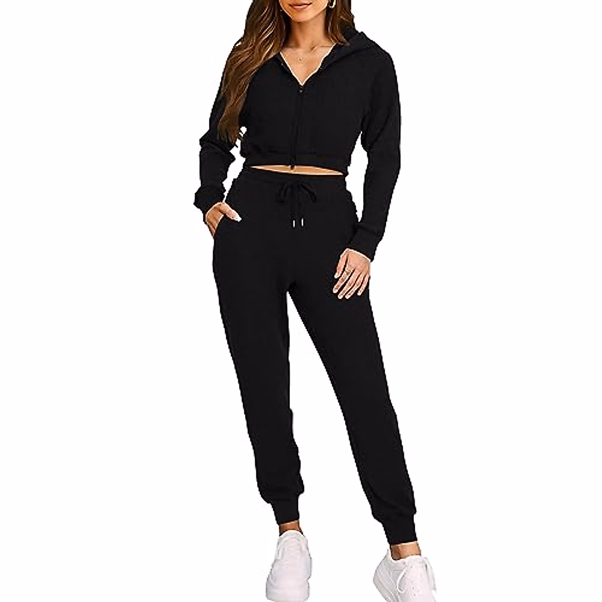 MASCOMODA 2 Piece Outfits for Women 2023 Fall Hoodie Sweatshirt Tracksuit and Sweatpants Workout Sets with Pockets (Black, Large)