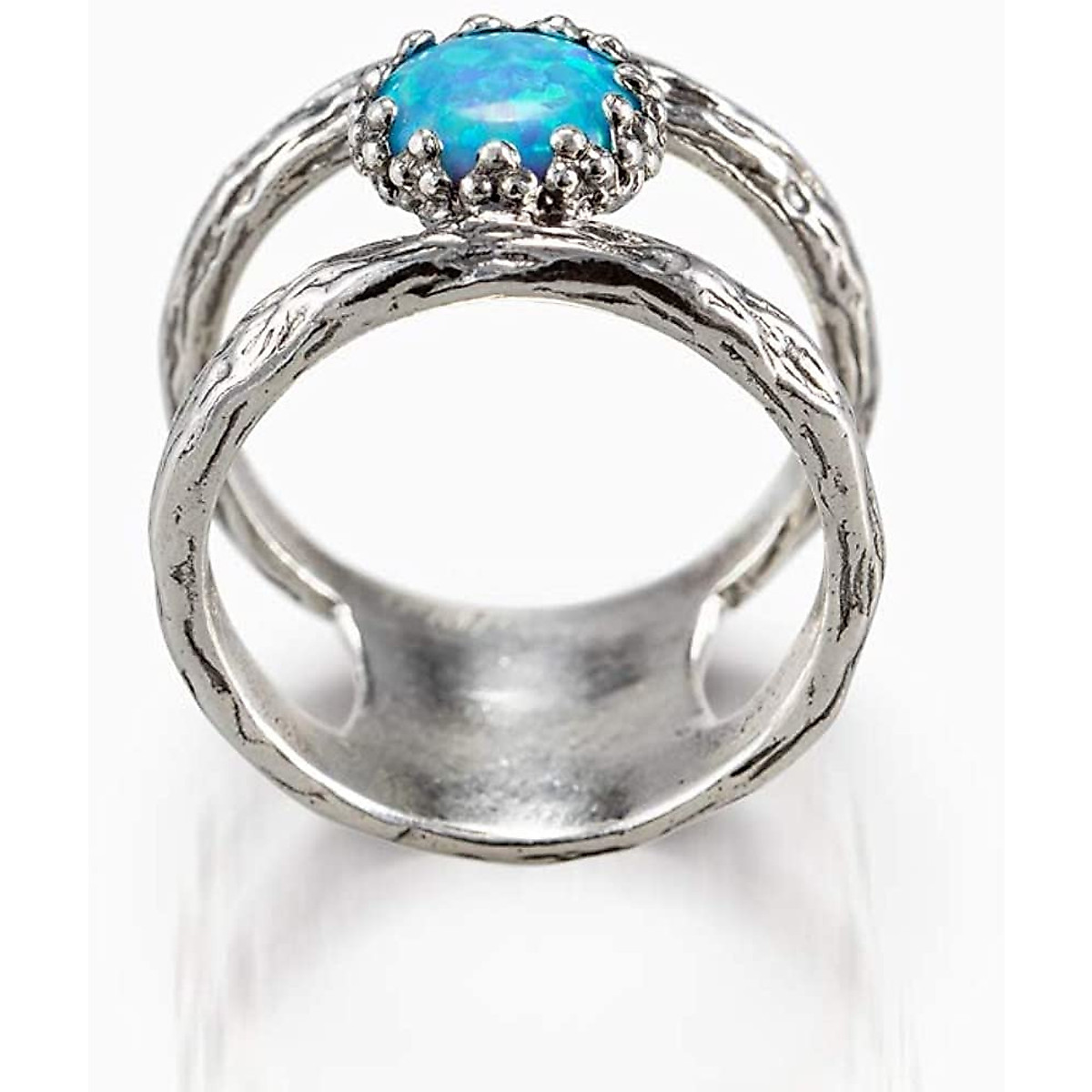 Joolala Ocean of Round Blue Fire Opal 925 Sterling Silver Oxidized Finish Party Band for Women and Teen Girls, Size 9